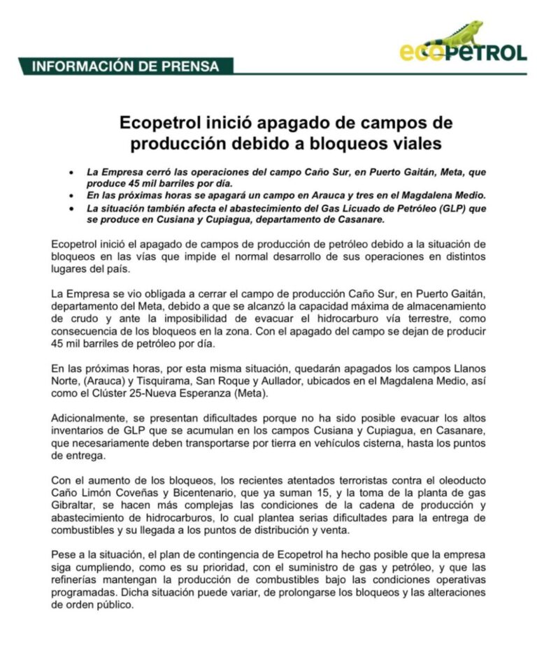 Ecopetrol enfrenta cierres de campos petroleros por bloqueos viales y ataques terroristas - El ...